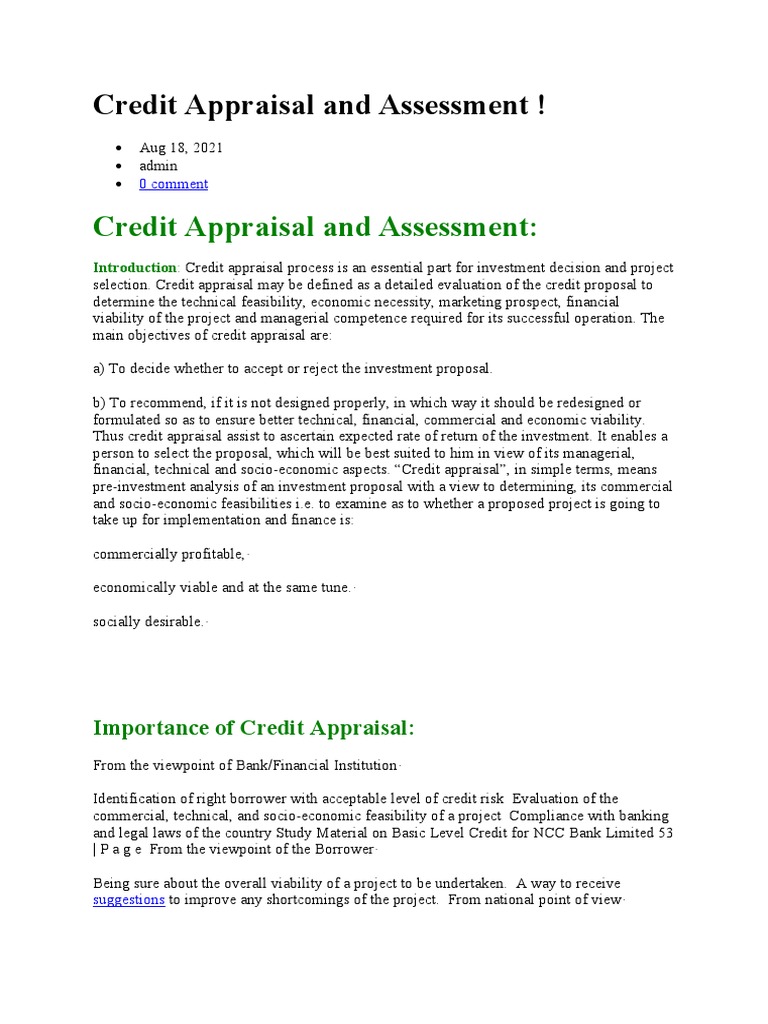 Credit Appraisal and Assessment | PDF | Feasibility Study | Banks