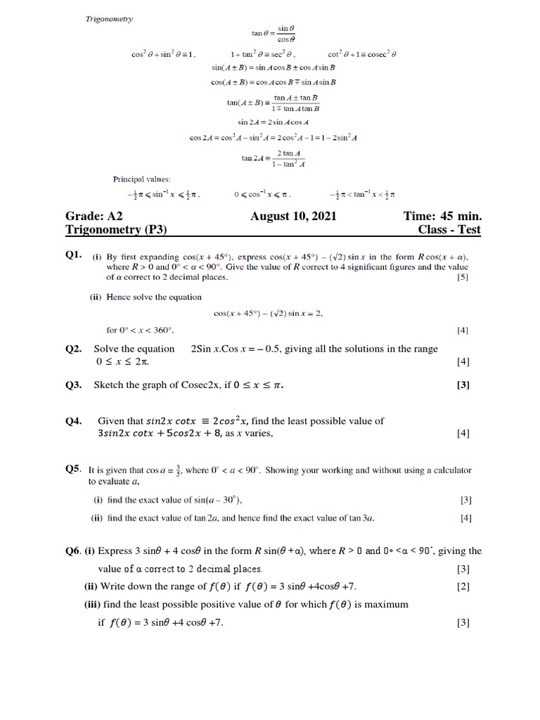 Grade: A2 August 10, 2021 Time: 45 Min. Trigonometry (P3) Class - Test ...