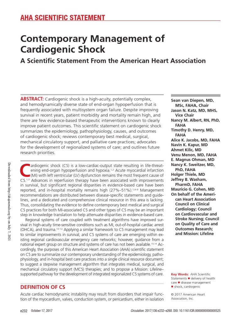 Contemporary Management of Cardiogenic Shock: Aha Scientific Statement ...