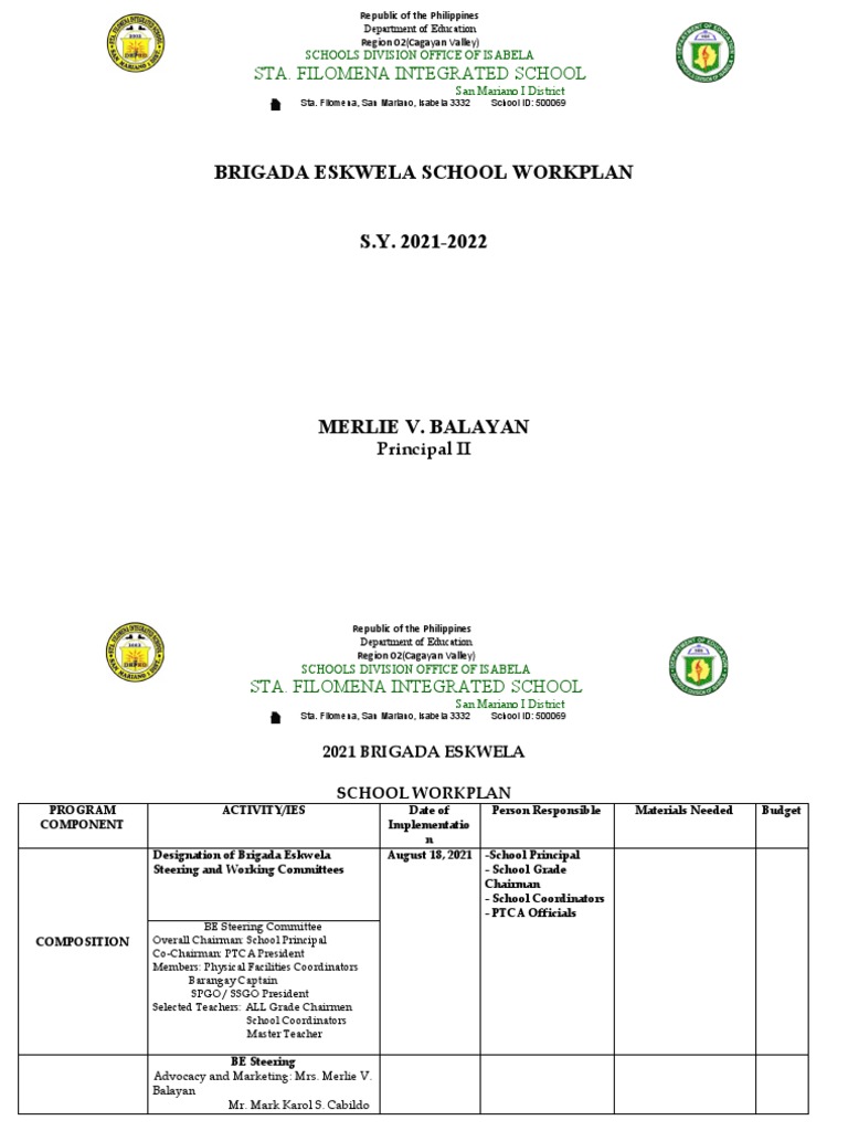 Brigada Eskwela School Workplan: Sta. Filomena Integrated School | PDF