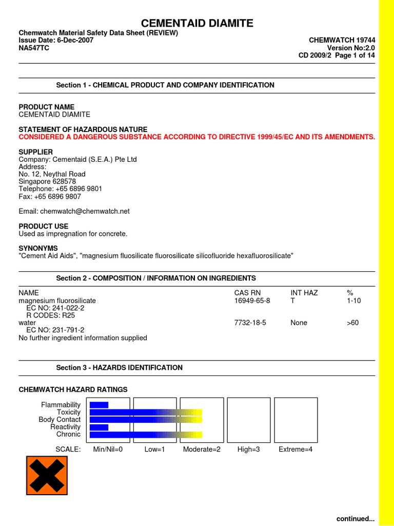 MSDS For Cementaid Diamite | Download Free PDF | Fluoride | Soil