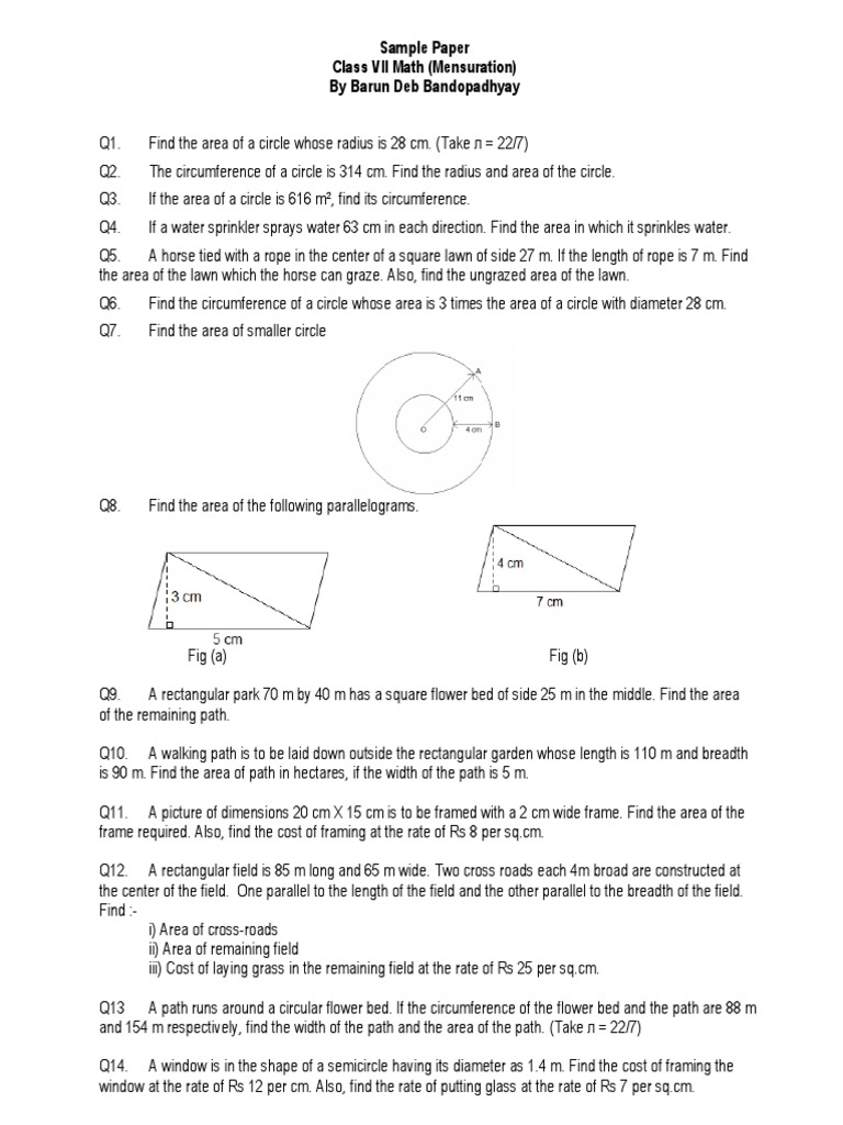 Sample Paper Class VII Math (Mensuration) by Barun Deb Bandopadhyay | PDF