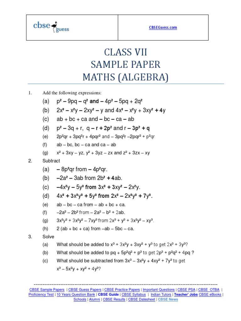 Class Vii Sample Paper Maths (Algebra) : CBSE Guide Teacher' Jobs | PDF ...