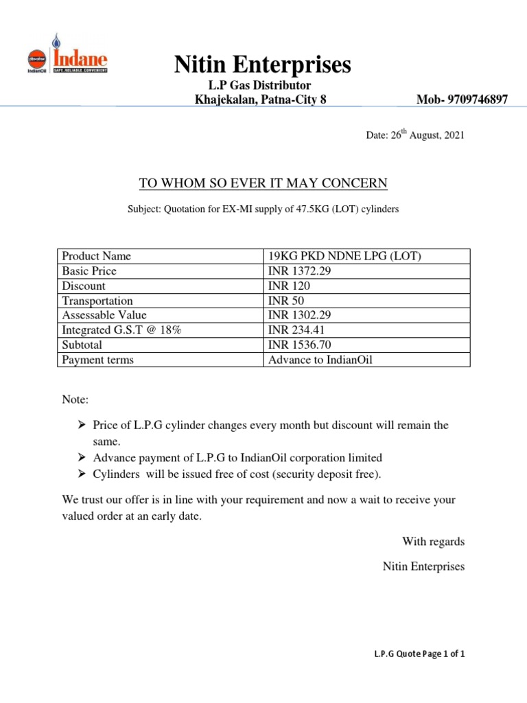 LPG Cylinder Quotation from Nitin Enterprises | PDF