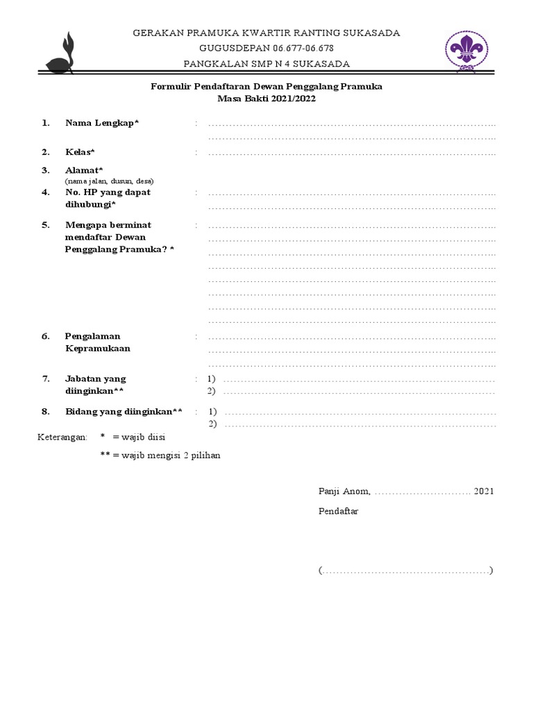 Formulir Pendaftaran Dewan Penggalang Pramuka | PDF
