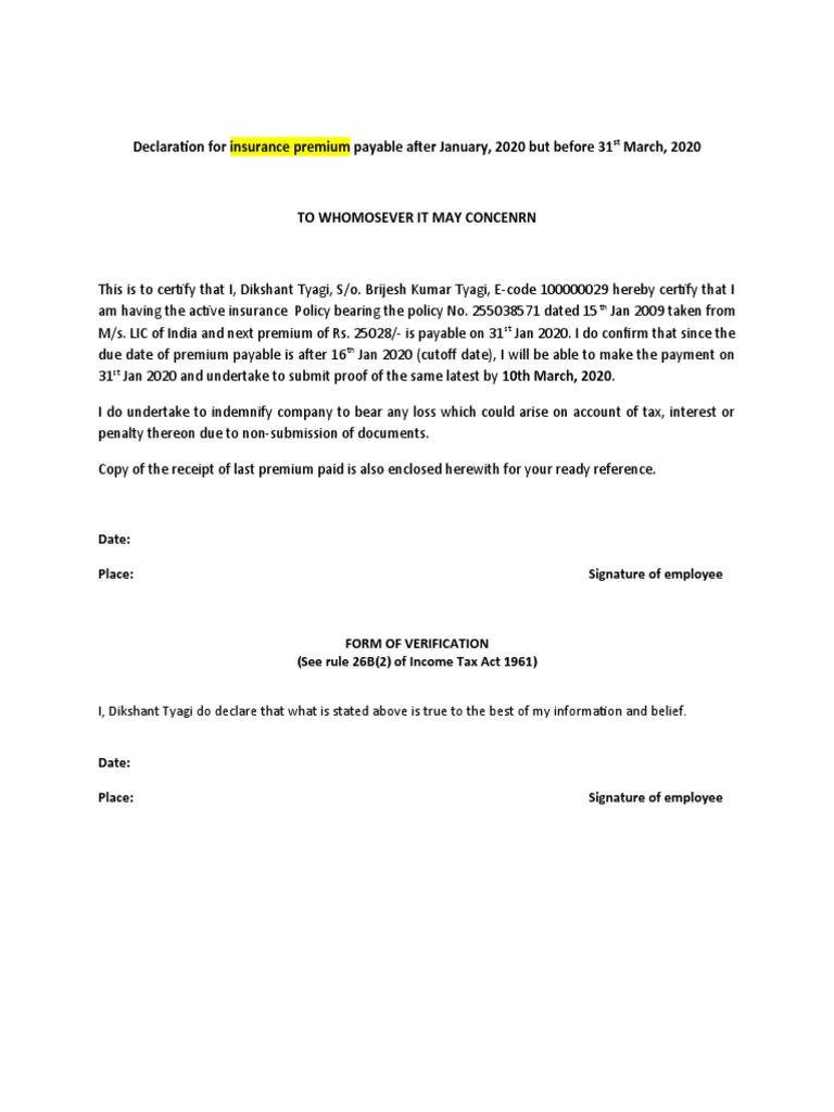Declaration For Insurance Premium and 80D Payable After Cut Off Date | PDF