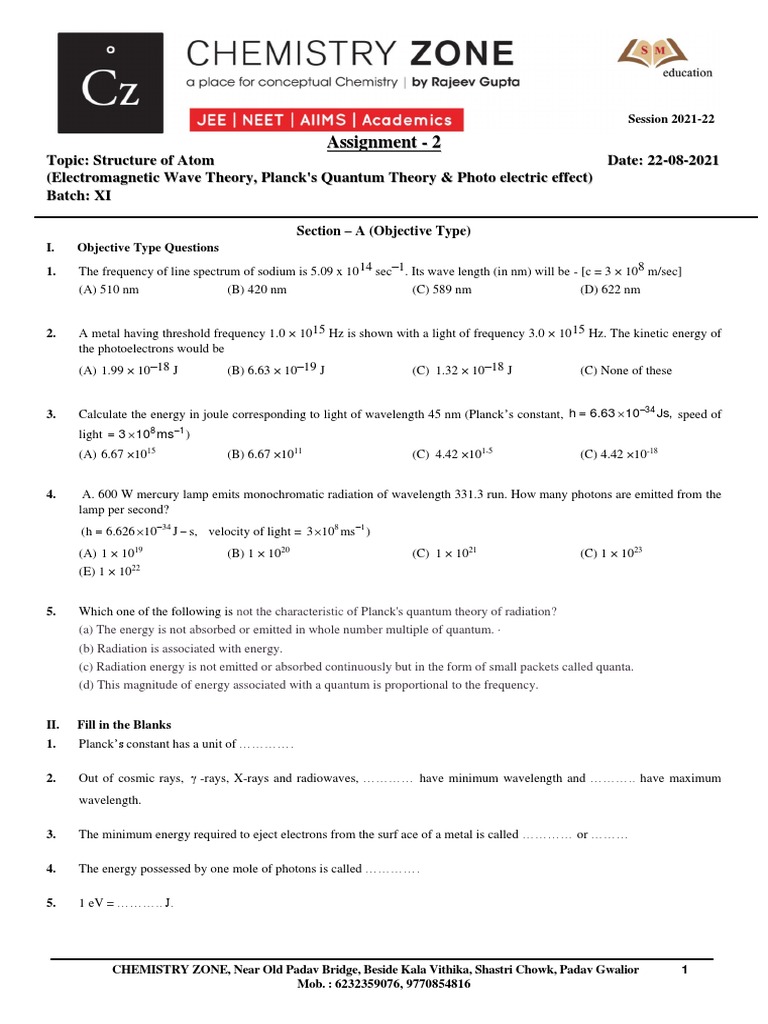 Structure of Atom (Electromagnetic Wave Theory, Planck's Quantum Theory ...