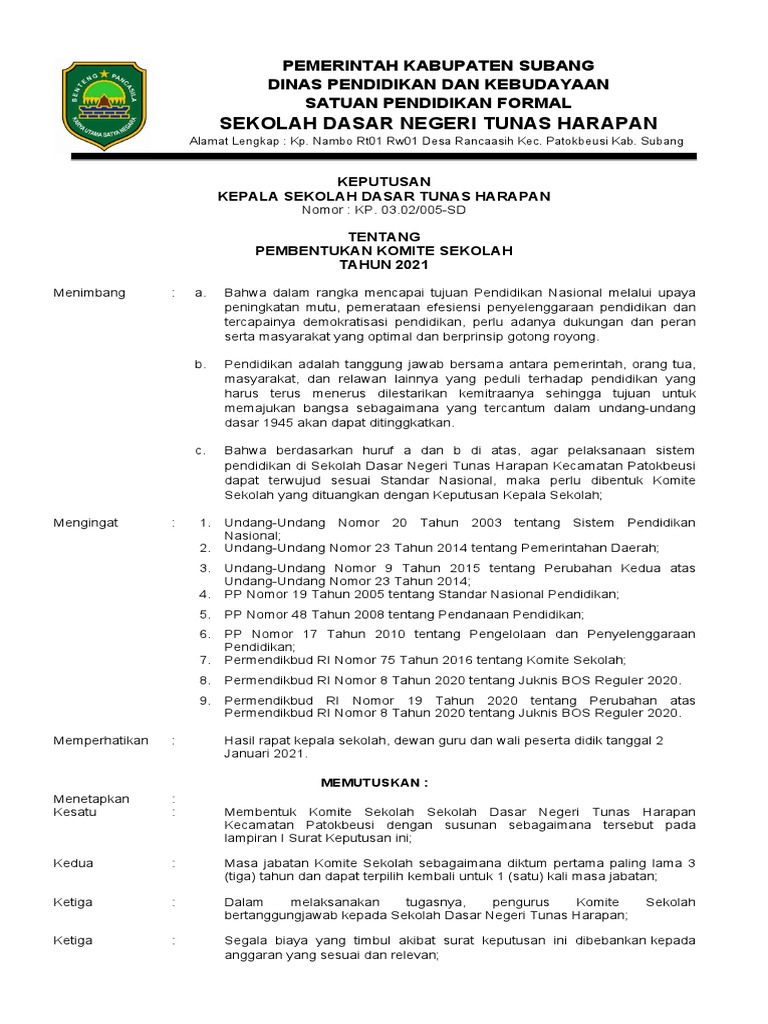 (Panduanmengajar - Com) - Contoh SK Komite Sekolah 2021 | PDF
