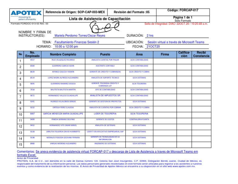 FORCAP-017 Lista de Asistencia Facultamiento Finanzas 21OCT20 Parte 1 ...