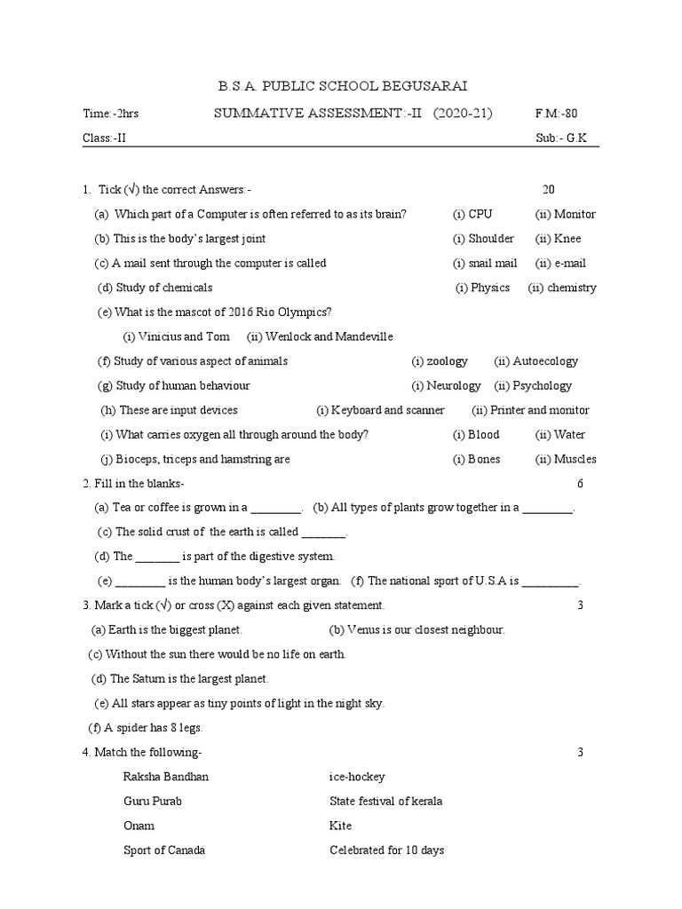 Summative Assessment for Class 2 General Knowledge Exam Covering a Wide ...
