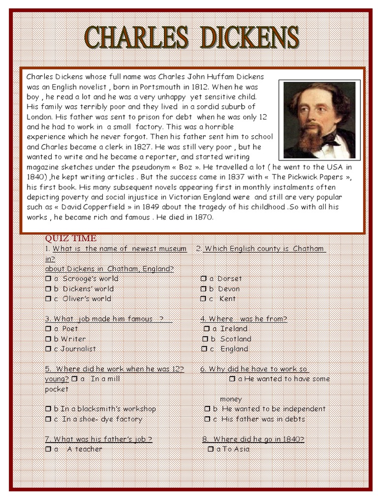 Charles Dickens Reading Comprehension Exercises - 78749 | PDF | Charles ...