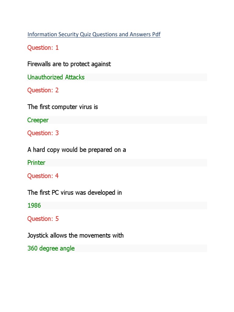 Information Security Quiz Questions and Answers PDF: Firewalls Are To Protect Against | PDF