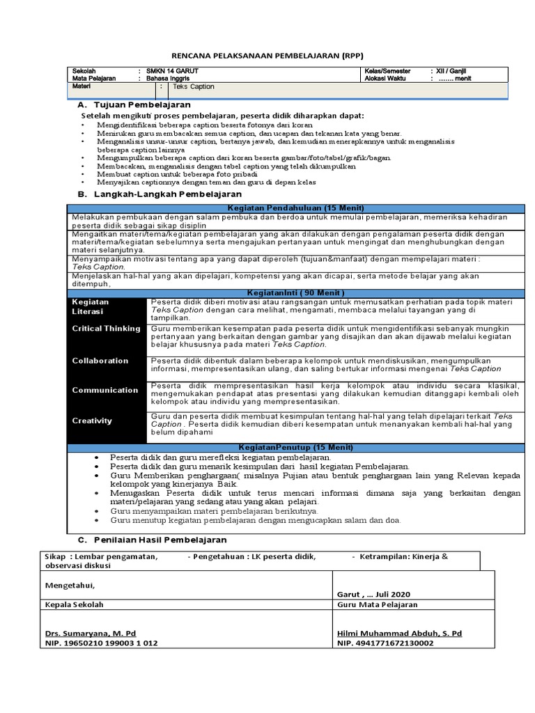 3 - RPP 1 Lembar B.ing Kelas 12 (Caption) | PDF | Karier & Perkembangan