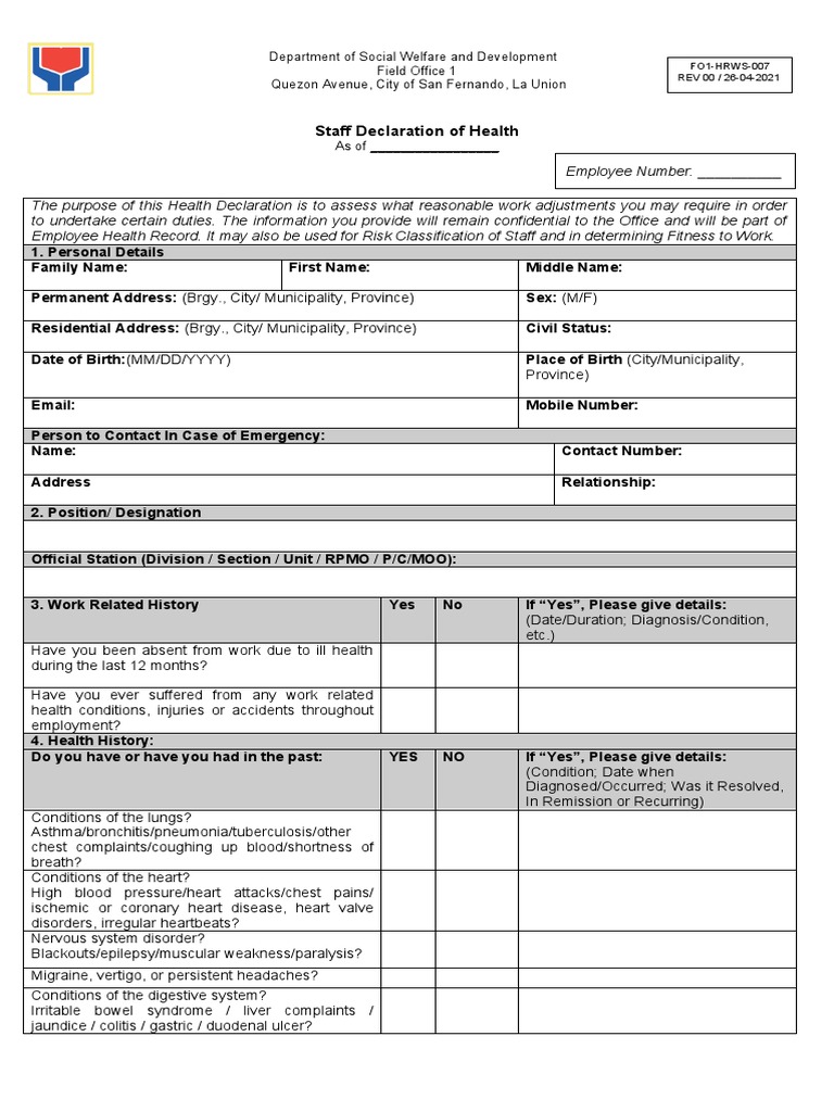 07 Staff Declaration of Health Form | PDF | Mental Disorder | Thorax