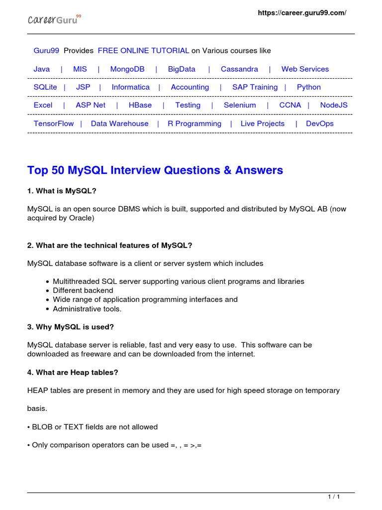 Top 50 Mysql Interview Questions & Answers | Download Free PDF | My Sql | Databases