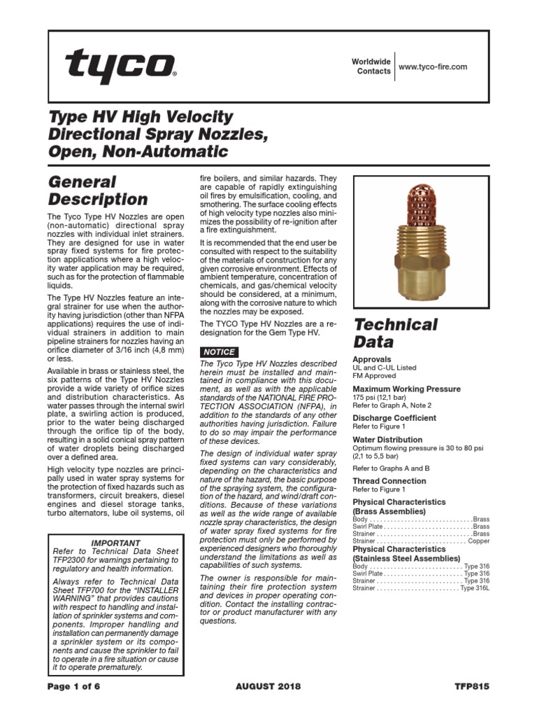 TYCO - High Velocity Nozzle | PDF | Fire Sprinkler System | Pipe (Fluid Conveyance)
