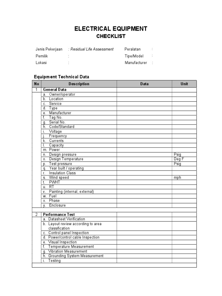 Electrical Equipment Checklist | PDF