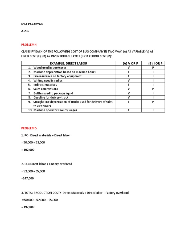 Example: Direct Labor (A) V or F (B) I or P: Problem 4 | PDF