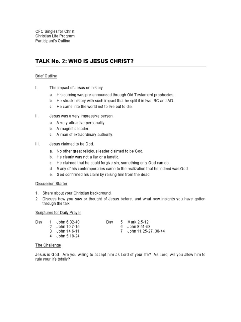 Talk 2 - Who Is Jesus Christ Handout | PDF