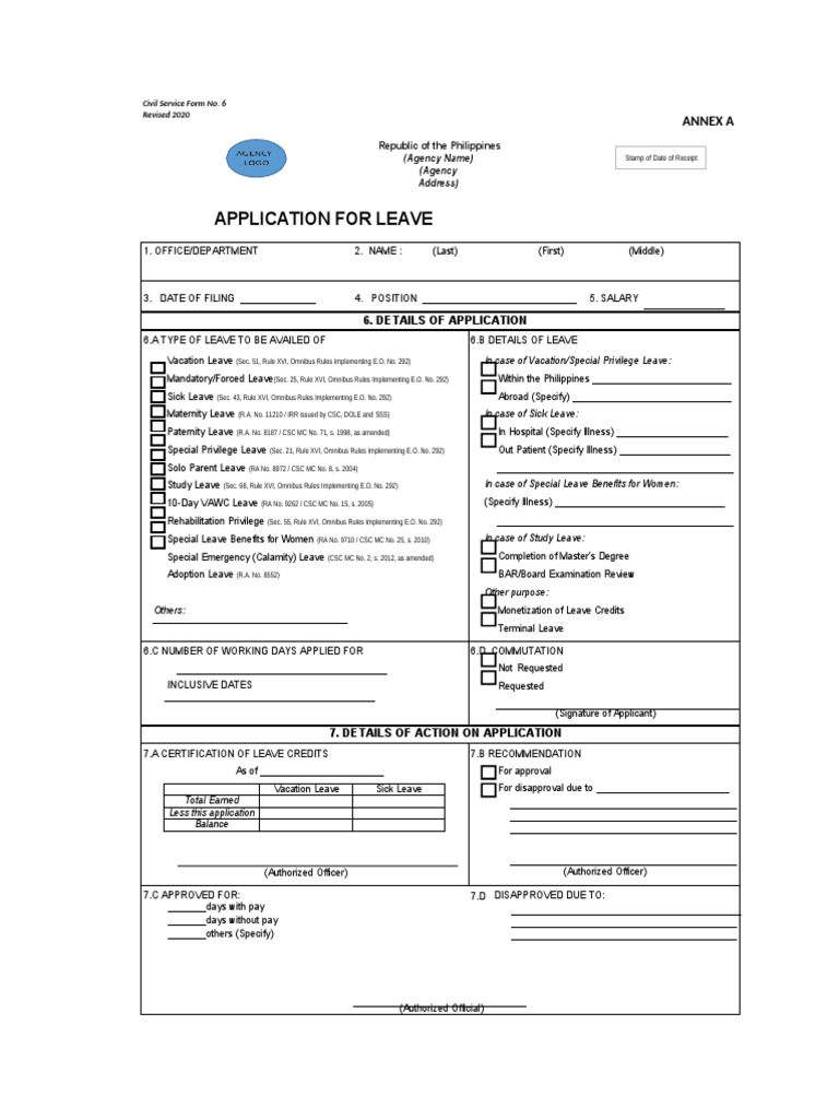 CS Form No. 6, Revised 2020 (Application For Leave) (Secured) | PDF | Sick Leave | Surgery
