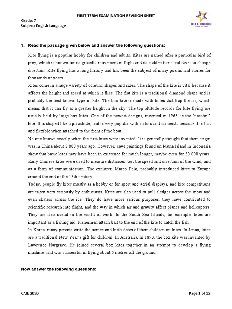 Grade: 7 Subject: English Language: First Term Examination Revision ...