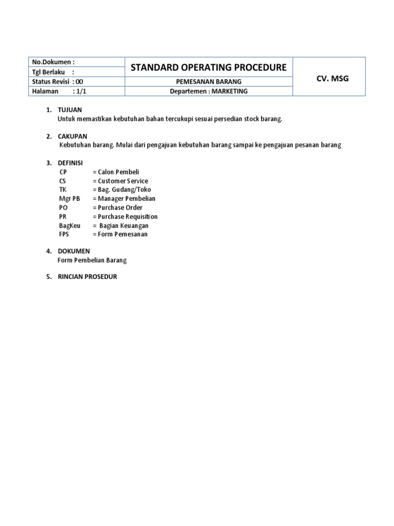 SOP Pemesanan Barang CV. MSG | PDF