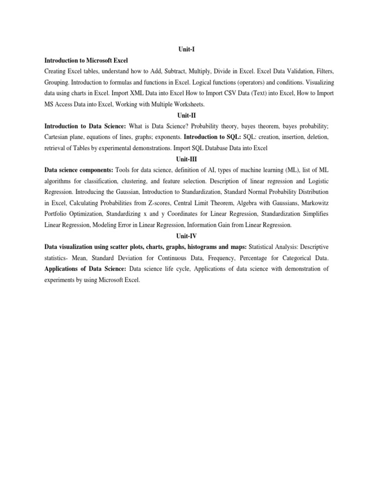 Data Science - UNIT-2 - Notes | PDF | Microsoft Excel | Machine Learning
