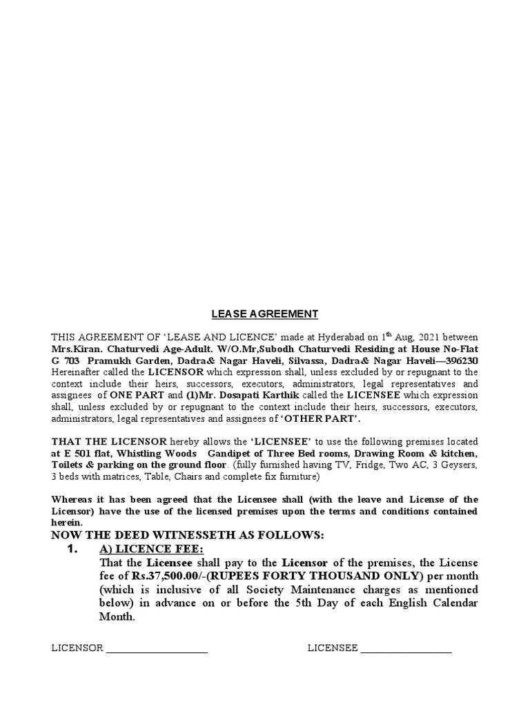 Now The Deed Witnesseth As Follows: 1. A) Licence Fee | PDF | License ...