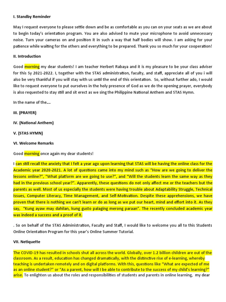 Script Parents Orientation Online Summer TUtorial 1 | PDF | Educational ...