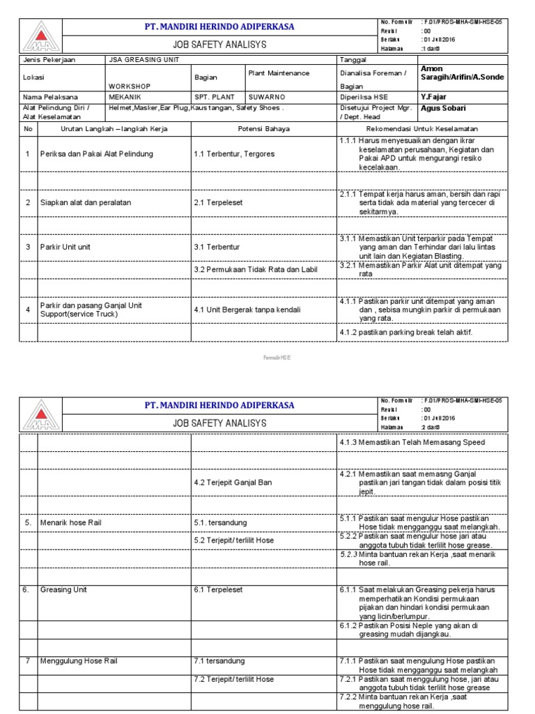 JSA Greasing Unit Alat Berat | PDF