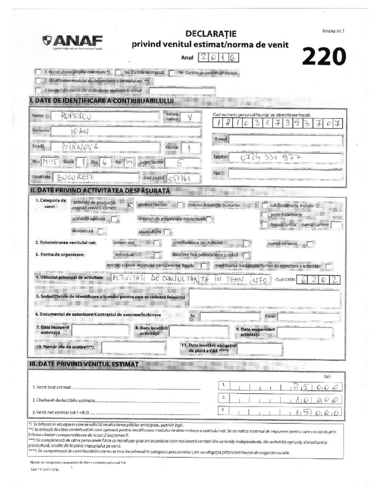 Model de Completare Formular 220 | PDF
