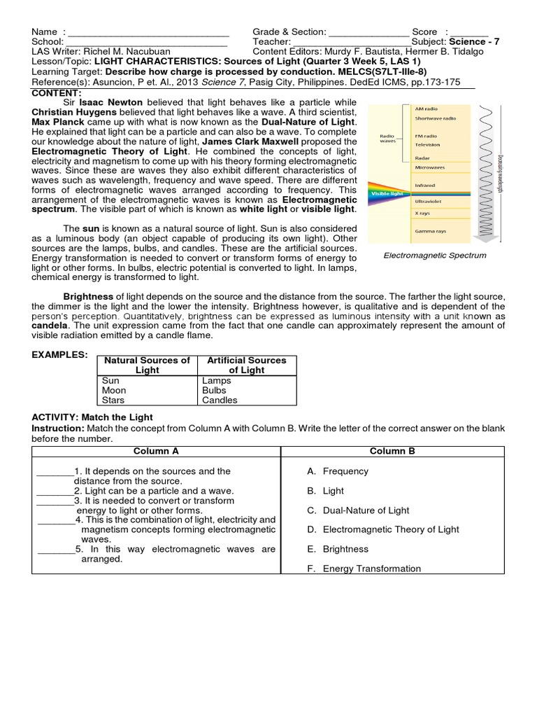 Sources of Light for Grade 7 Science | PDF | Light | Electromagnetic ...
