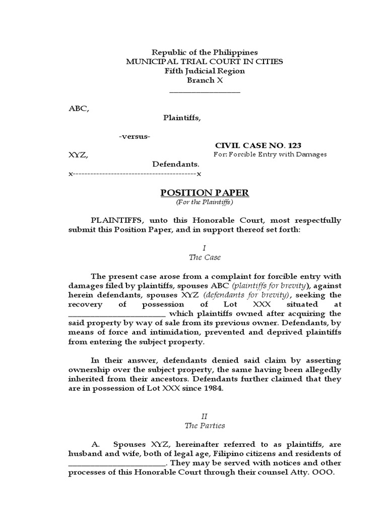 Position Paper Sample | PDF | Lawsuit | Property