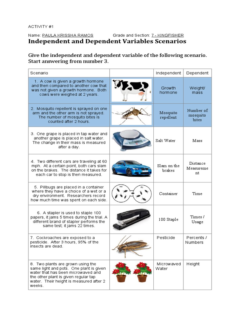 Independent and Dependent Variables Scenarios | PDF