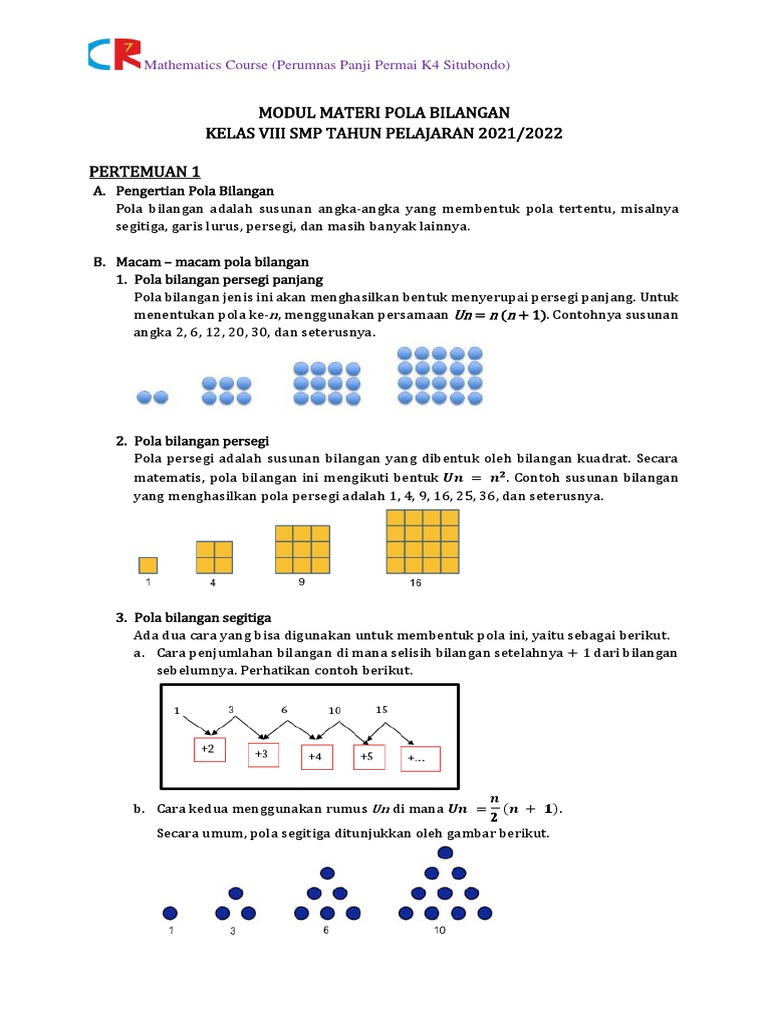 Modul Materi Pola Bilangan Pertemuan 1 | PDF