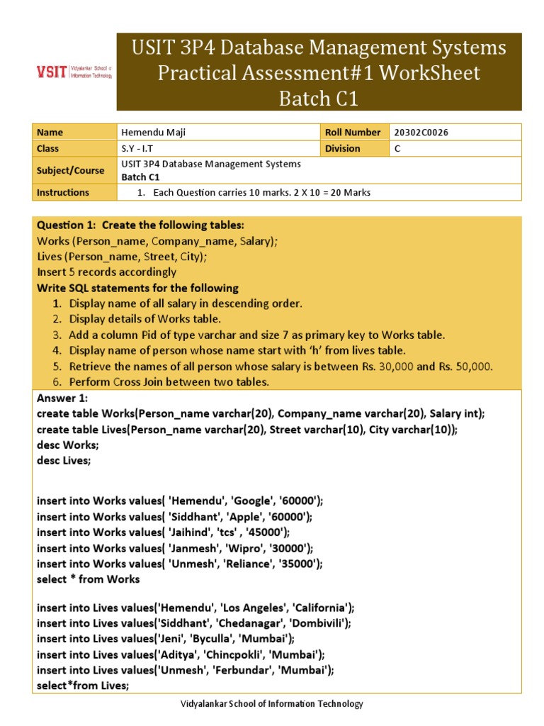 Usit 3P4 Database Management Systems Practical Assessment#1 Worksheet ...