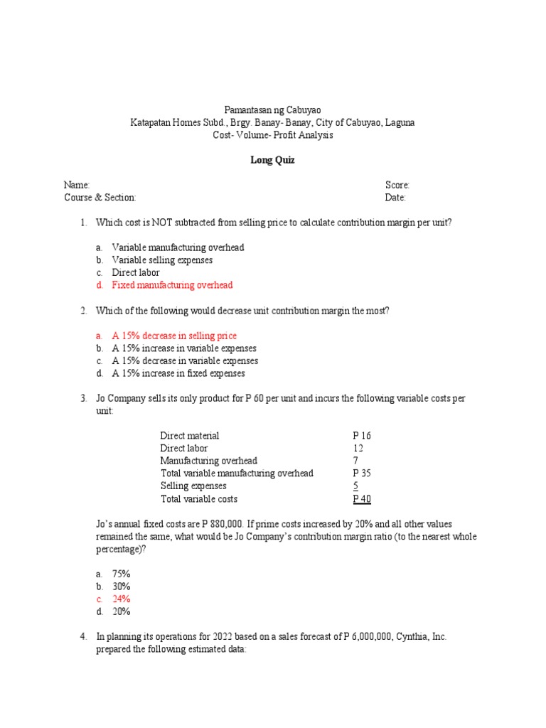 Answer Key Long Quiz - CVP Analysis | PDF | Business | Business Economics