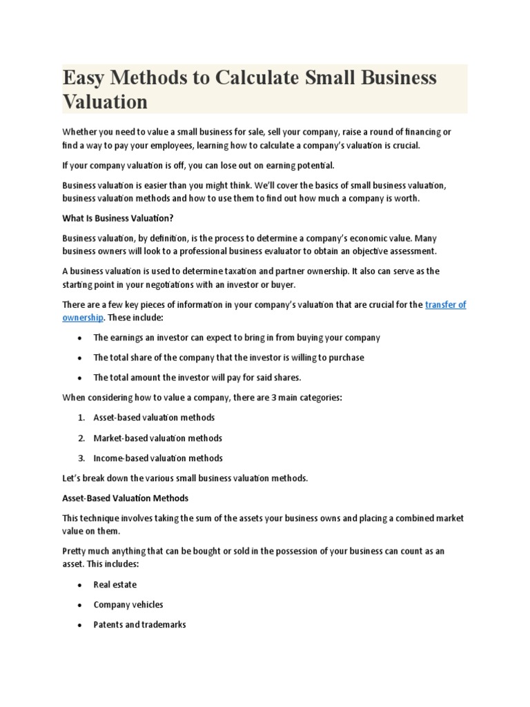 Easy Methods To Calculate Small Business Valuation | PDF | Valuation ...