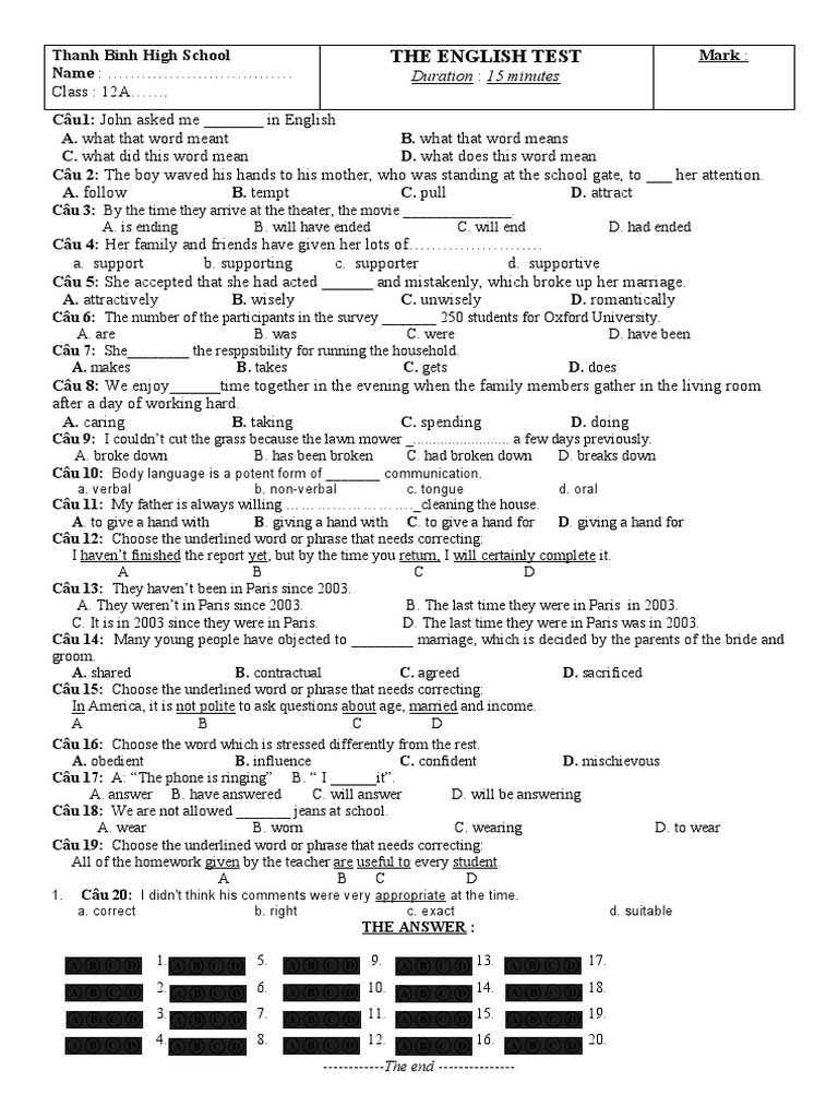 The English Test: Class: 12A | PDF