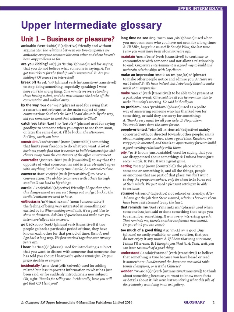 Upper Intermediate Glossary: Unit 1 - Business or Pleasure? | PDF ...
