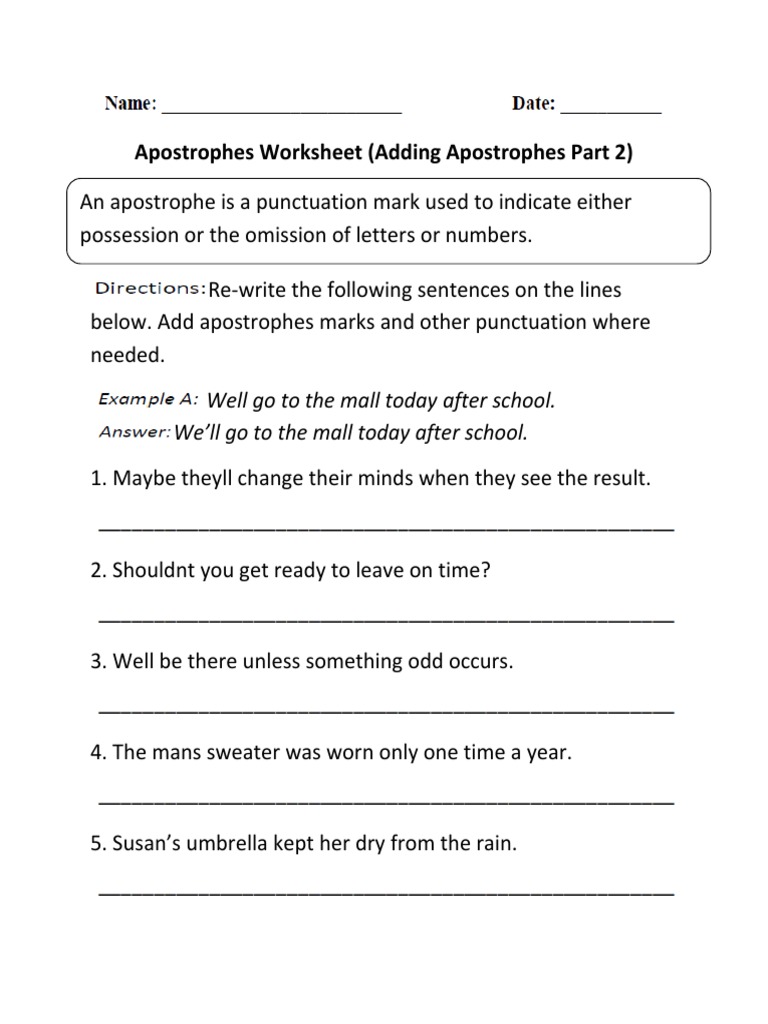 Apostrophes Worksheet (Adding Apostrophes Part 2) | PDF