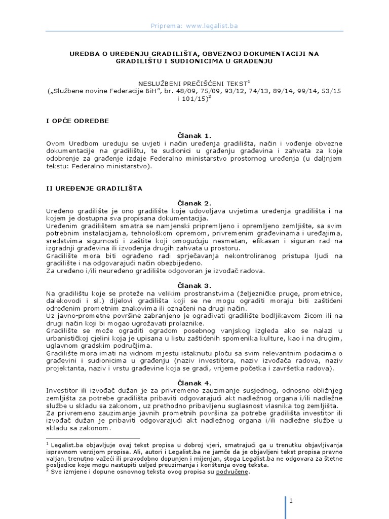 Uredba o Uredjenju Gradilista Obveznoj Dokumentaciji Na Gradilistu I ...