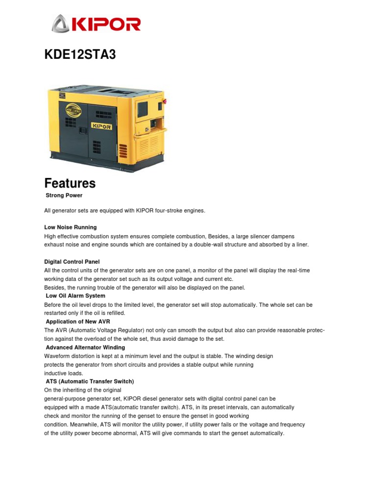 Kipor Diesel Motor KDE12STA3 Catalogue | PDF | Electric Generator | Engines