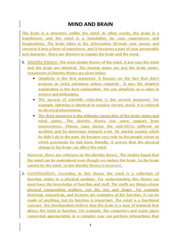 Mind and Brain: Identity Theory | PDF | Mind | Philosophical Theories