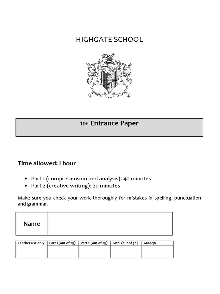 Highgate School 11 Plus English Sample Paper D - Unlocked | PDF
