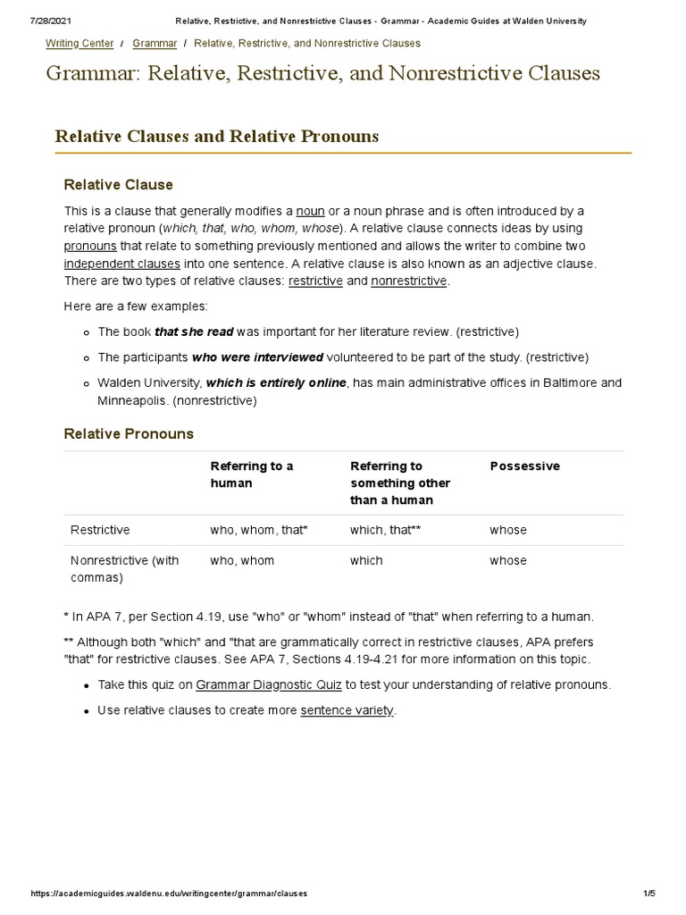 Grammar: Relative, Restrictive, and Nonrestrictive Clauses | PDF ...