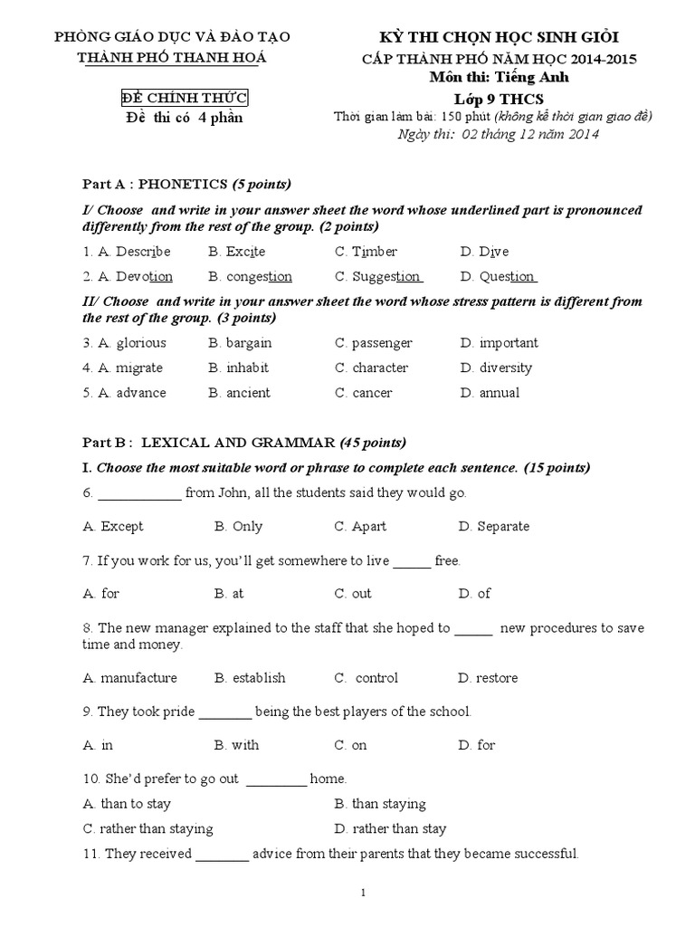 De Thi Hoc Sinh Gioi Mon Tieng Anh Lop 9 Thanh Pho Thanh Hoa 2014 2015 | PDF | Lion | Natural ...