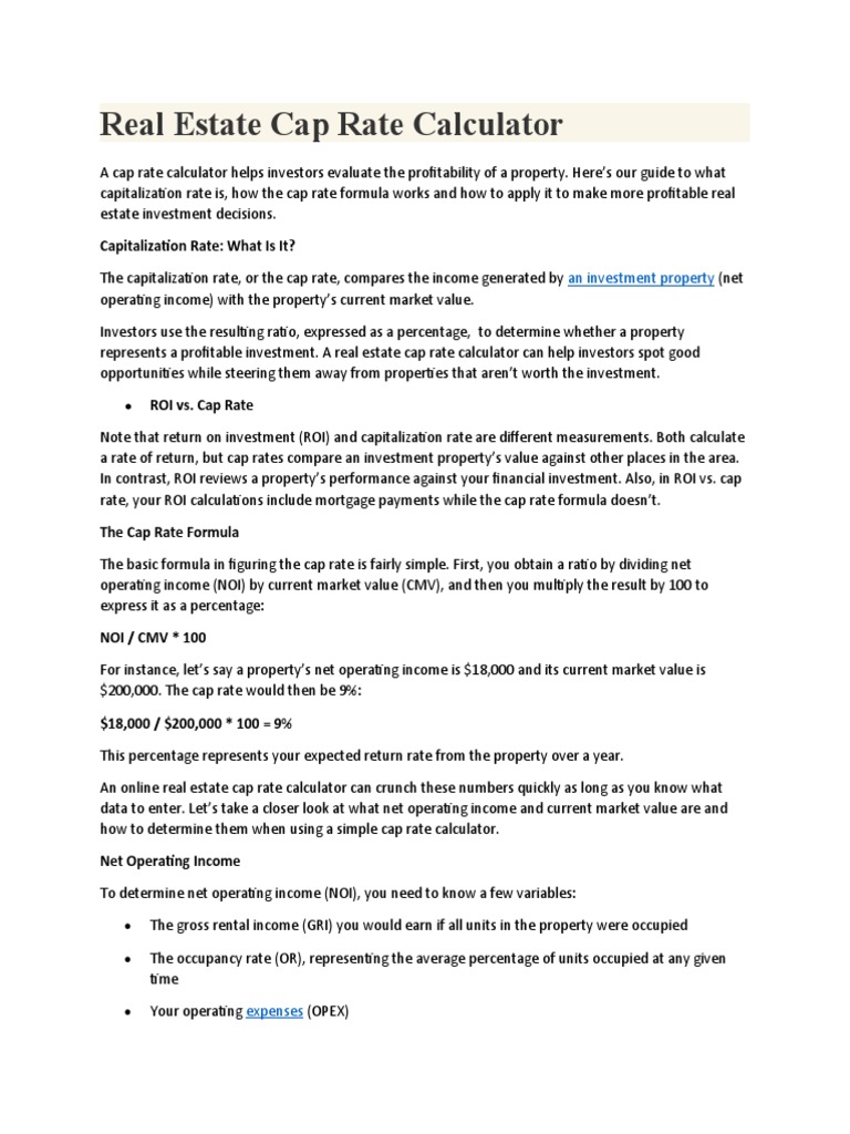 Real Estate Cap Rate Calculation Guide | PDF | Return On Investment ...