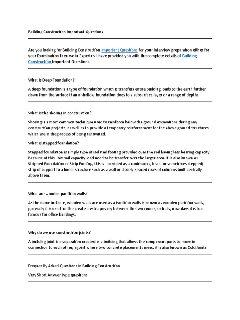 Building Construction Key Questions Guide | PDF | Cement | Deep Foundation
