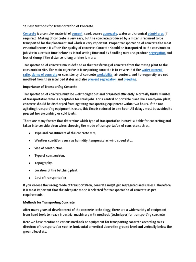 11 Best Methods For Transportation of Concrete | PDF | Concrete | Pump